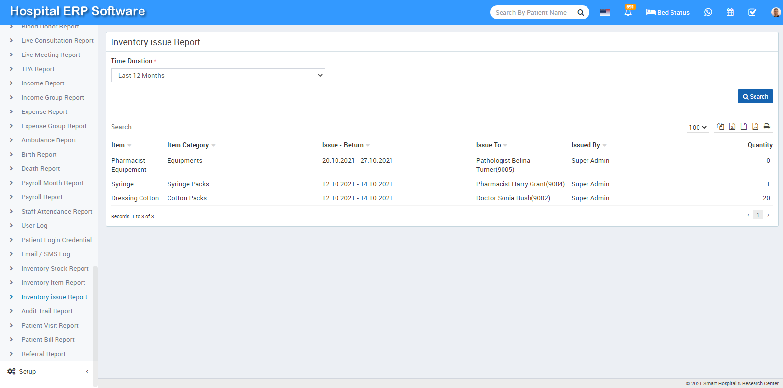 Inventory Issue Report - Hospital ERP Software : Hospital Management ...